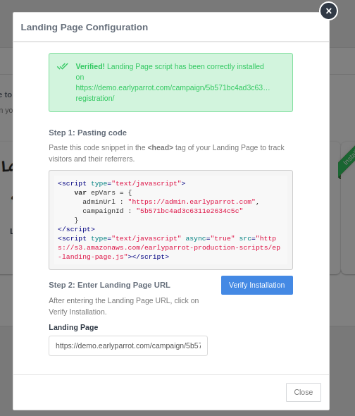 Landing page installation – EarlyParrot Support